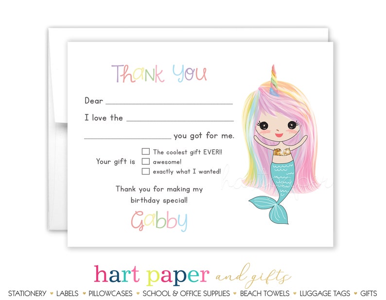 Rainbow Mermaid Fill In the Blank Thank You Cards Personalized | Etsy