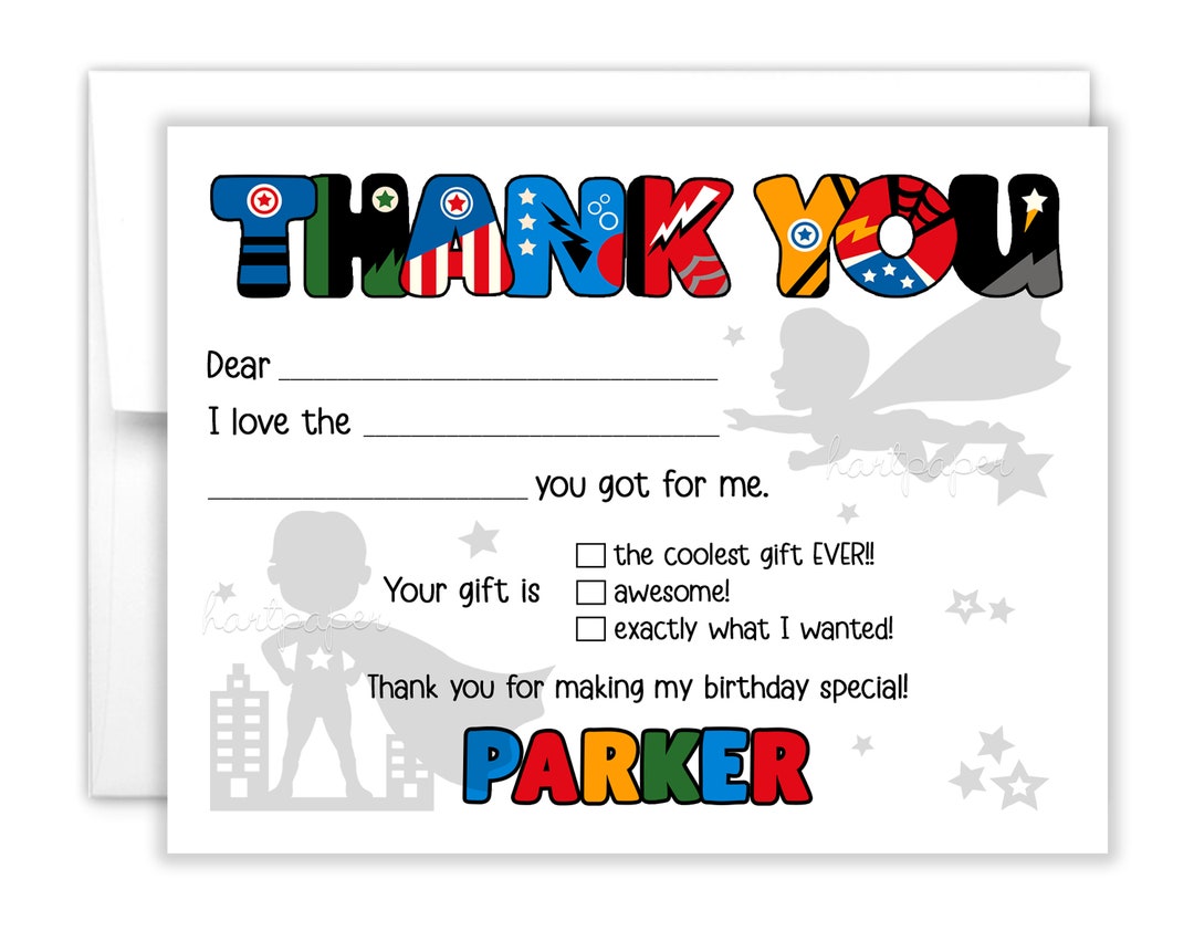 Superhero Super Hero Comic Fill in the Blank Thank You Cards ...