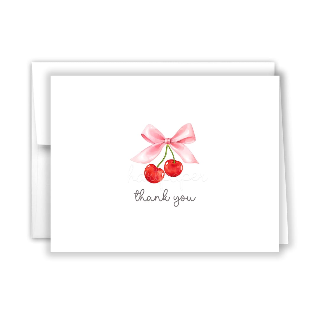 Cherry Cherries Bow Thank You Personalized Cards Folded Flat Card ...