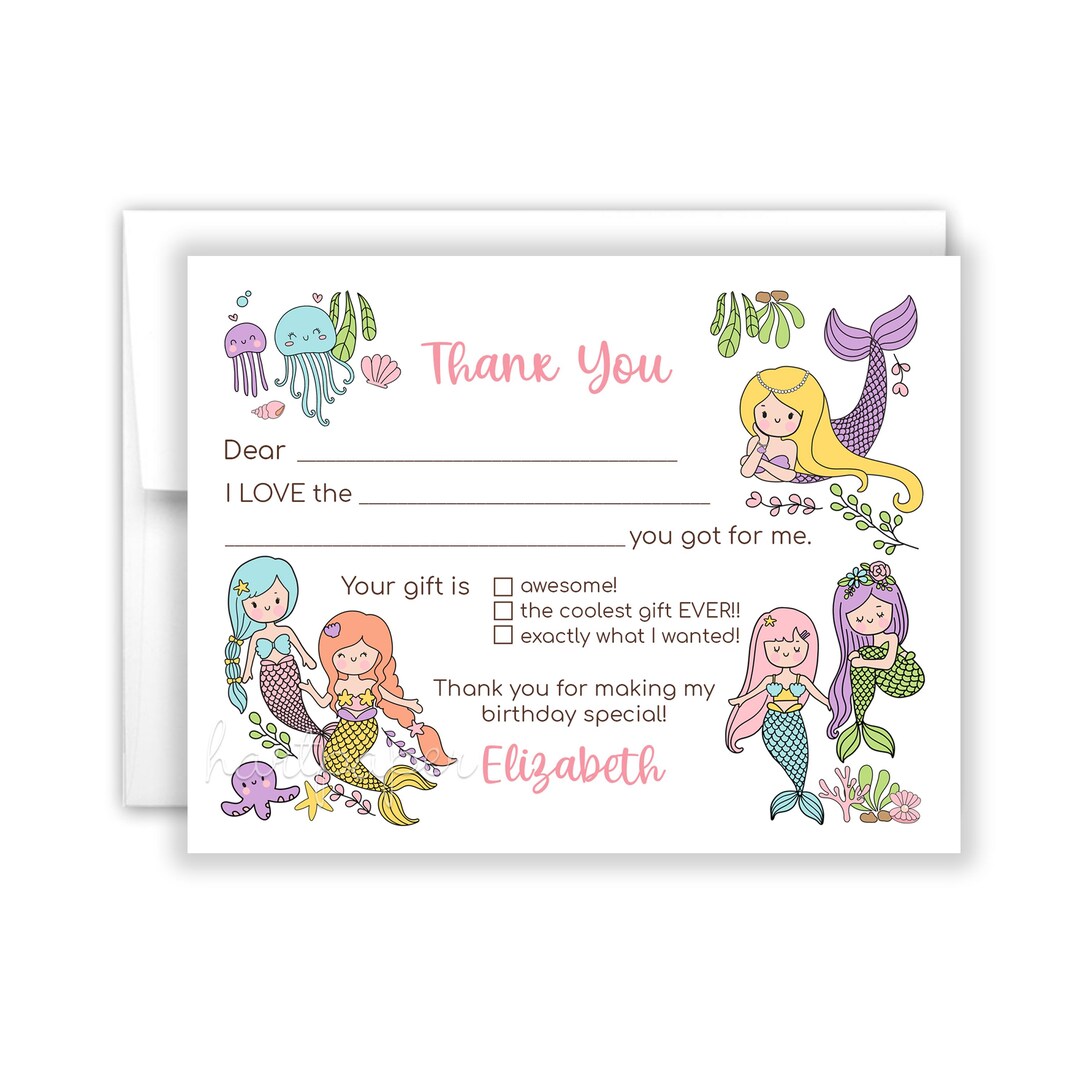 Mermaid Rainbow Fill in the Blank Thank You Cards Personalized • Flat ...