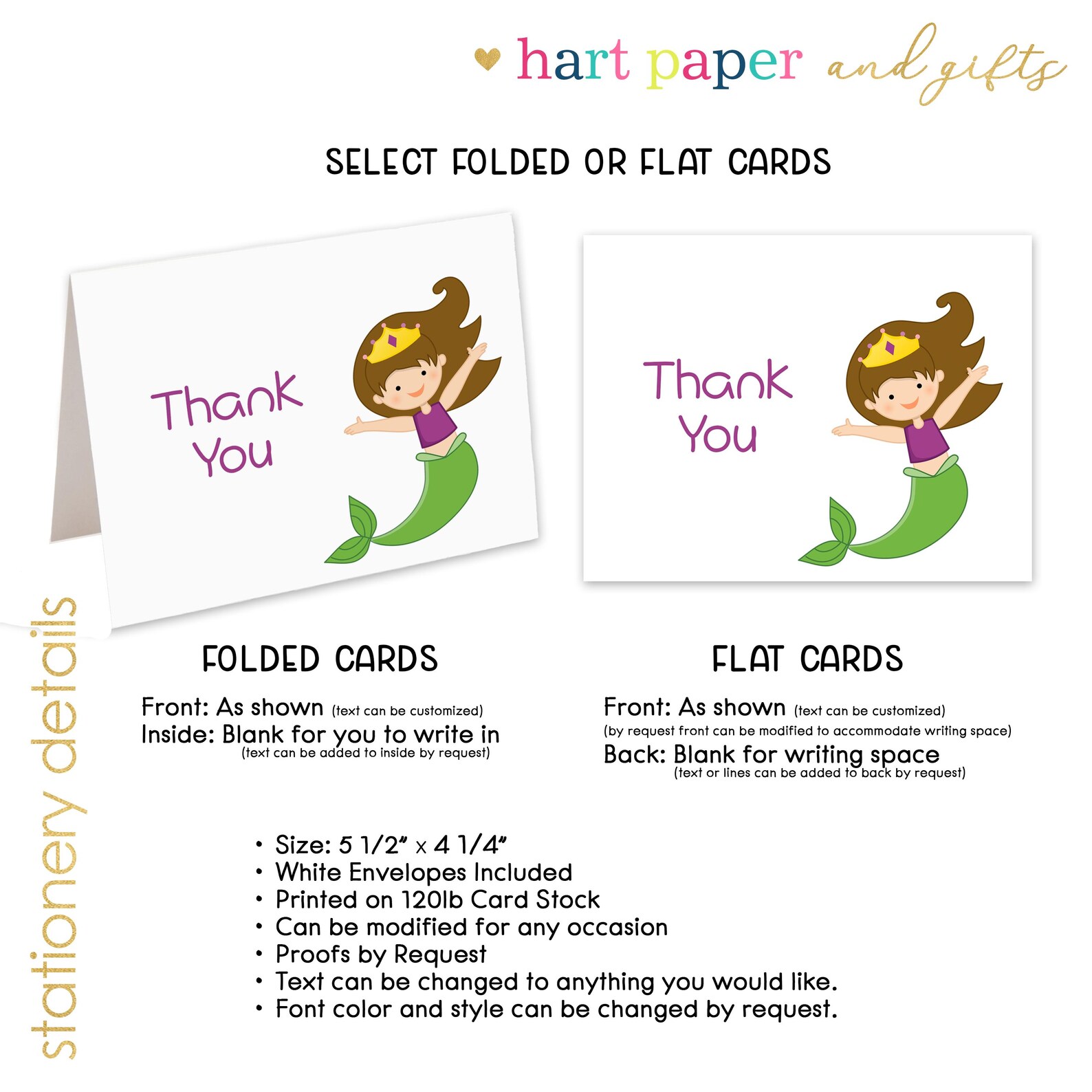 Mermaid Thank You Personalized Cards • Flat Folded Stationery Custom ...