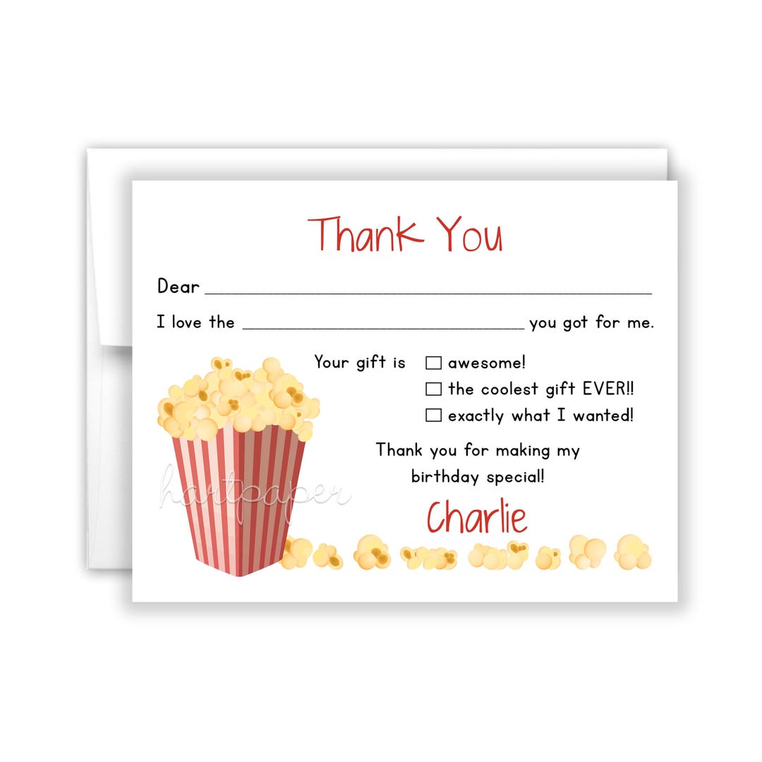 Popcorn Movie Party Fill in the Blank Thank You Cards Personalized ...