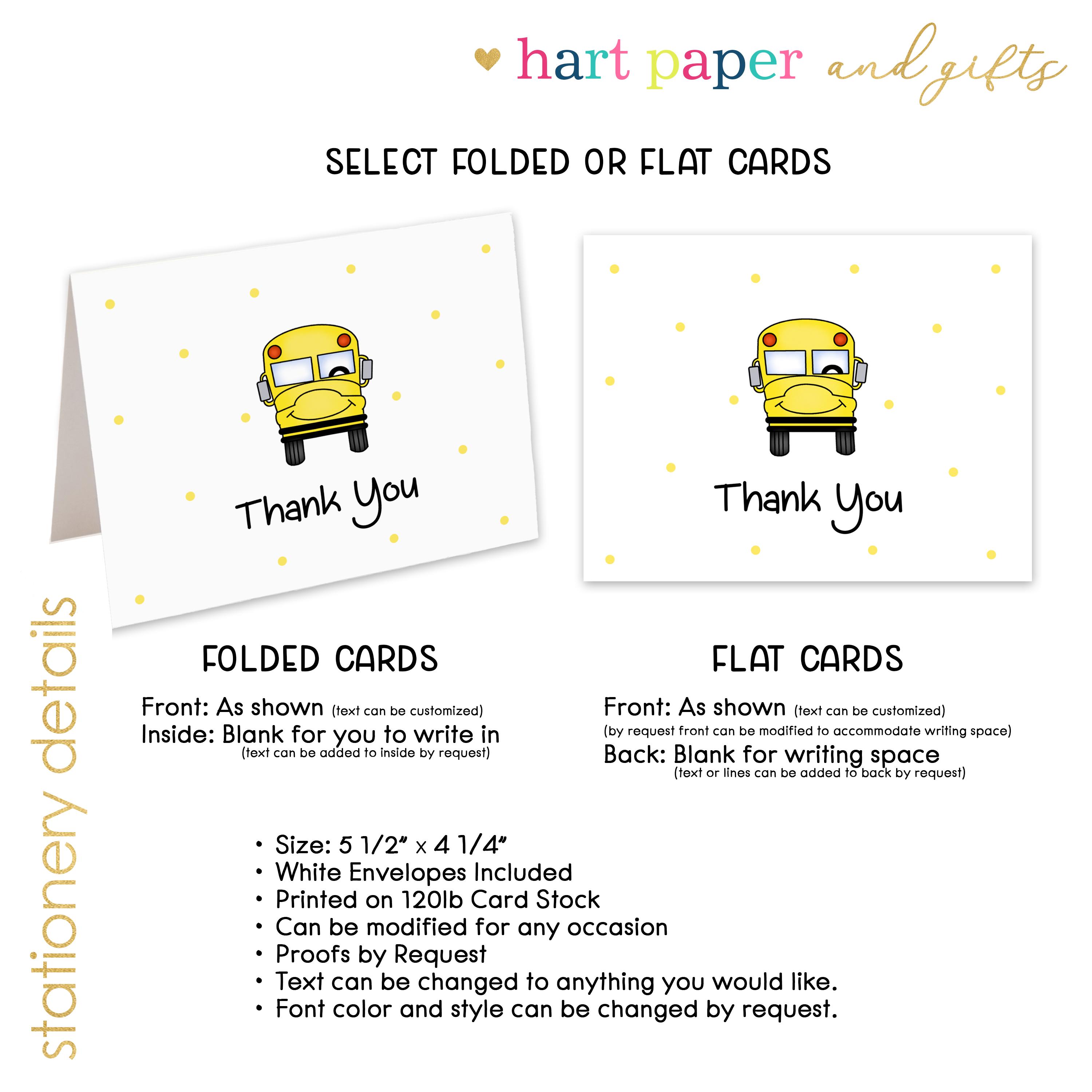 School Bus Polka Dots Thank You Personalized Cards • Flat Folded ...