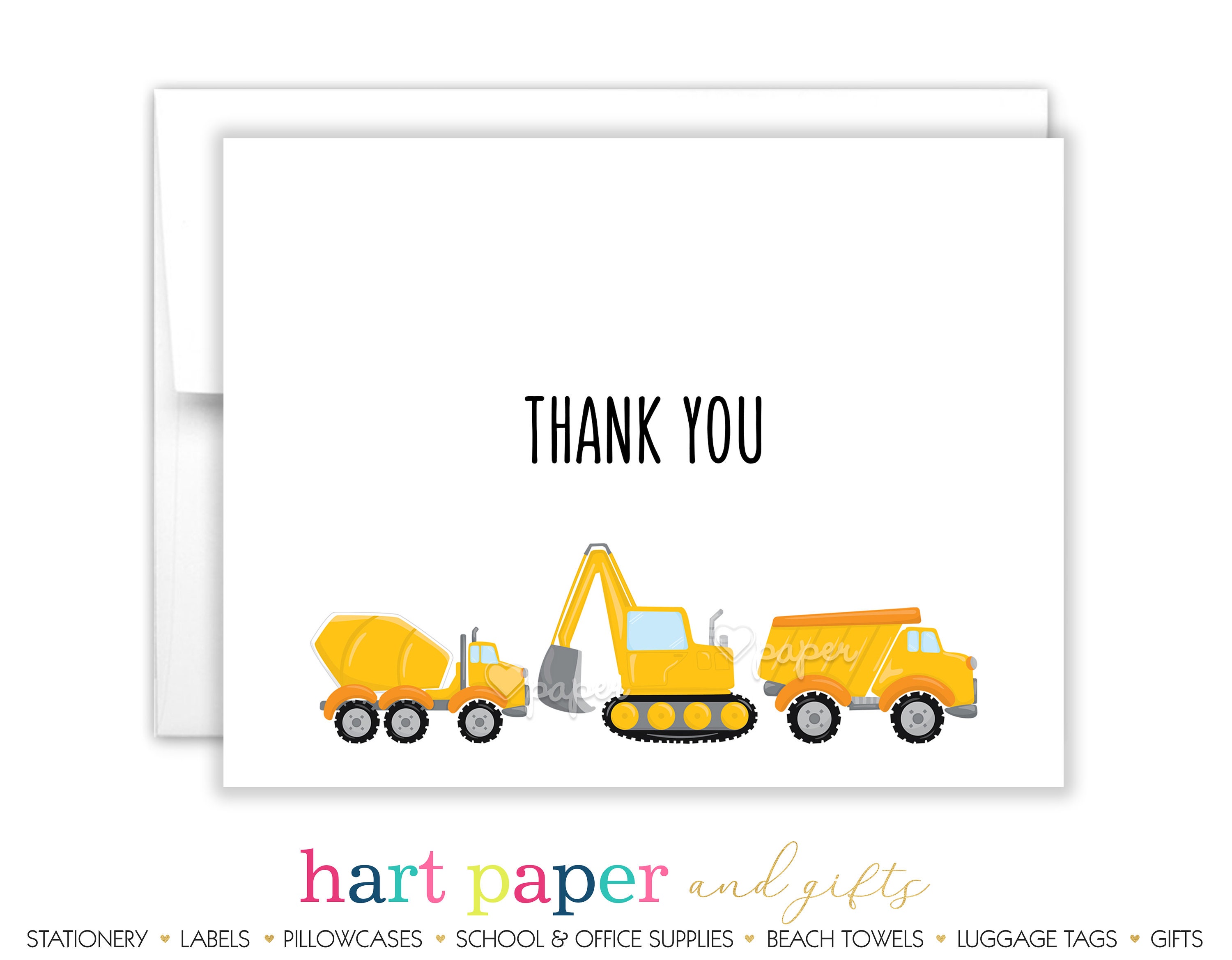 Construction Trucks Thank You Personalized Cards Folded Flat | Etsy