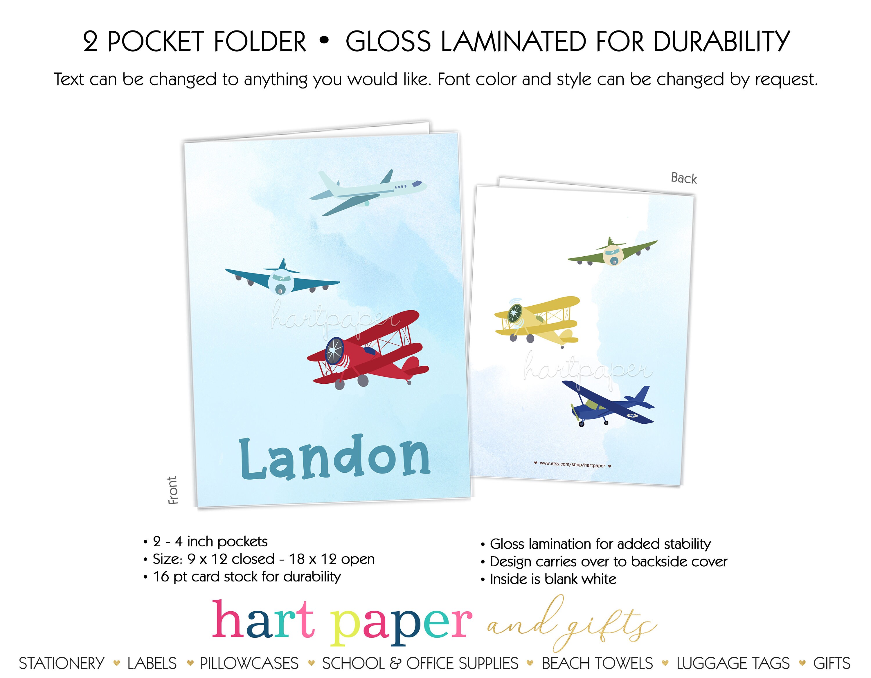 Airplane Air Plane Personalized Folder 2 Pocket School | Etsy