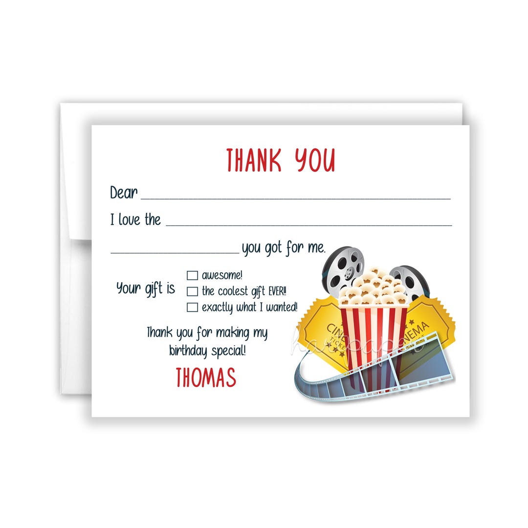 Movie Theatre Fill in the Blank Thank You Cards Personalized • Flat ...