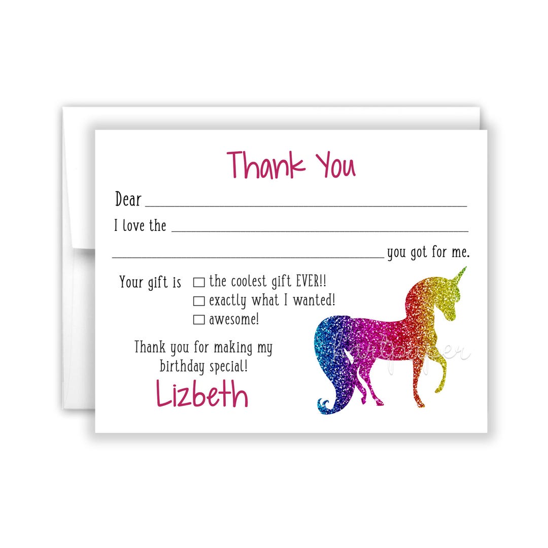 Rainbow Unicorn Fill in the Blank Thank You Cards Personalized • Flat ...