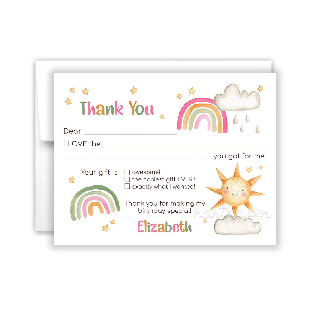 Rainbow Sunshine Fill in the Blank Thank You Cards Personalized • Flat ...