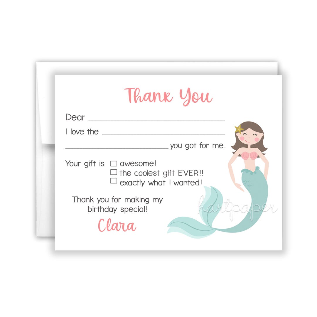Mermaid Fill in the Blank Thank You Cards Personalized • Flat ...