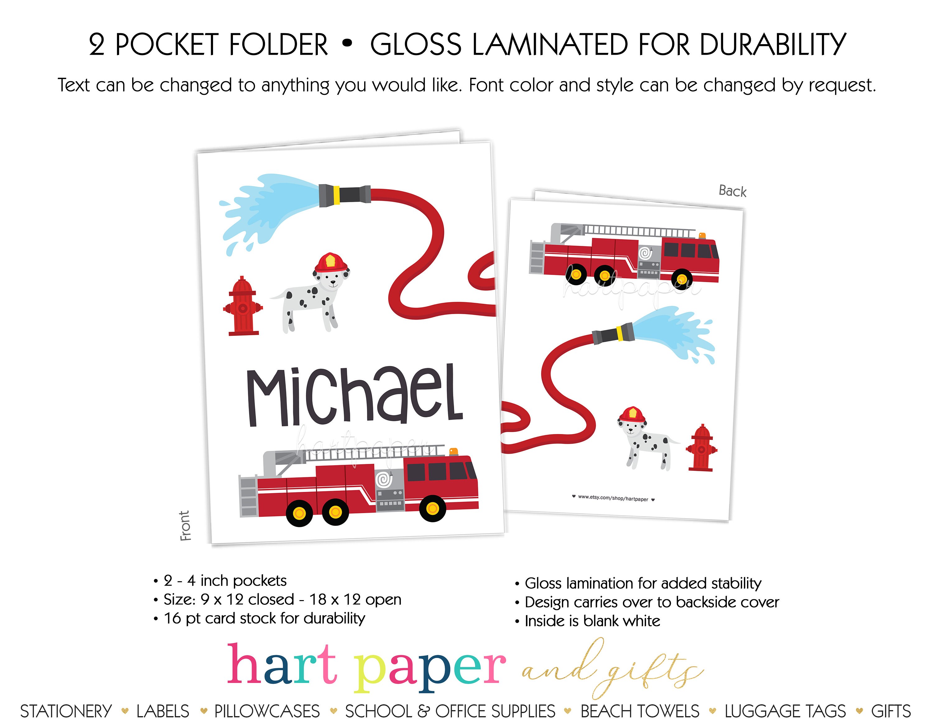 Firetruck Fire Truck Personalized Folder 2 Pocket Back to | Etsy