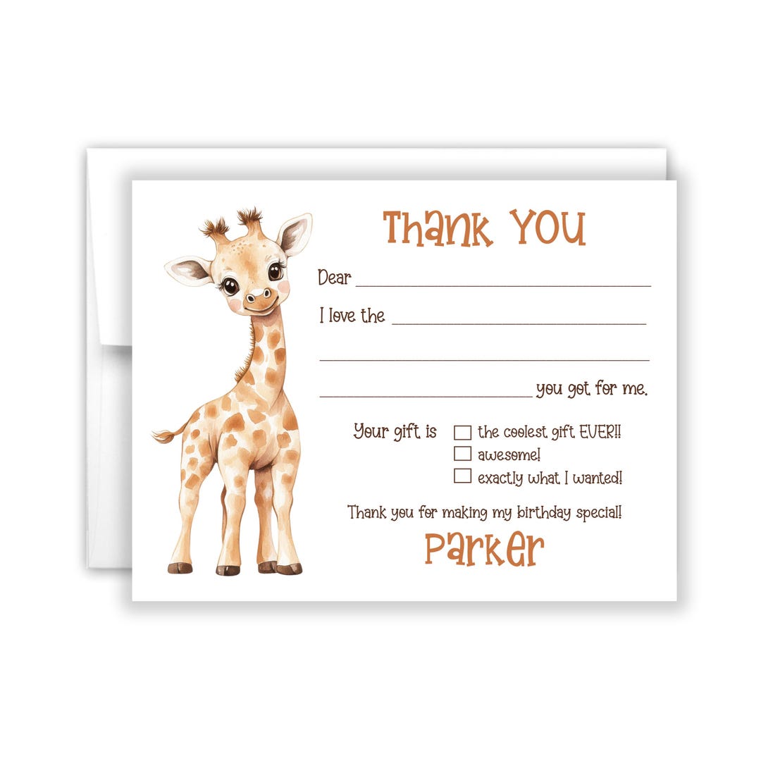 Giraffe Zoo Safari Animals Fill in the Blank Lined Thank You Cards Personalized Flat Stationery ...