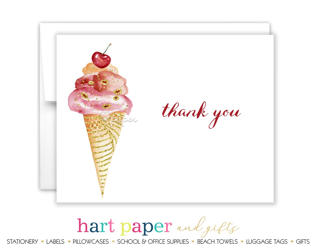Ice Cream Cone Thank You Personalized Cards Folded Flat Card - Etsy