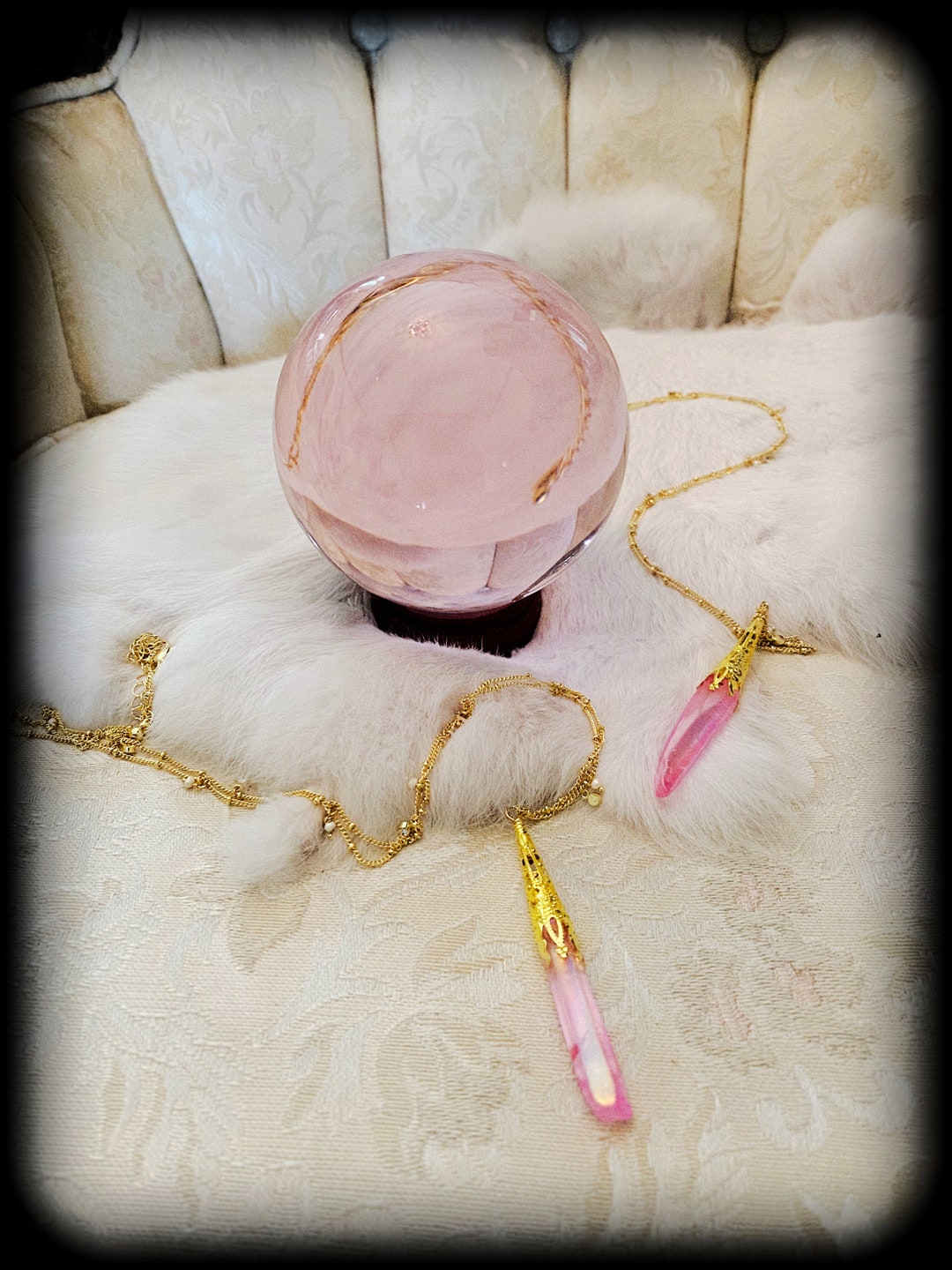 Pink Aura Crystal Necklace With Long Charm Chain - Etsy