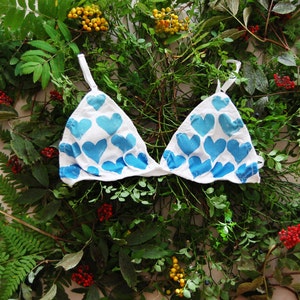 Blue Heart 2 / Organic Cotton Hand Printed Bralette With Ombre Heart ...