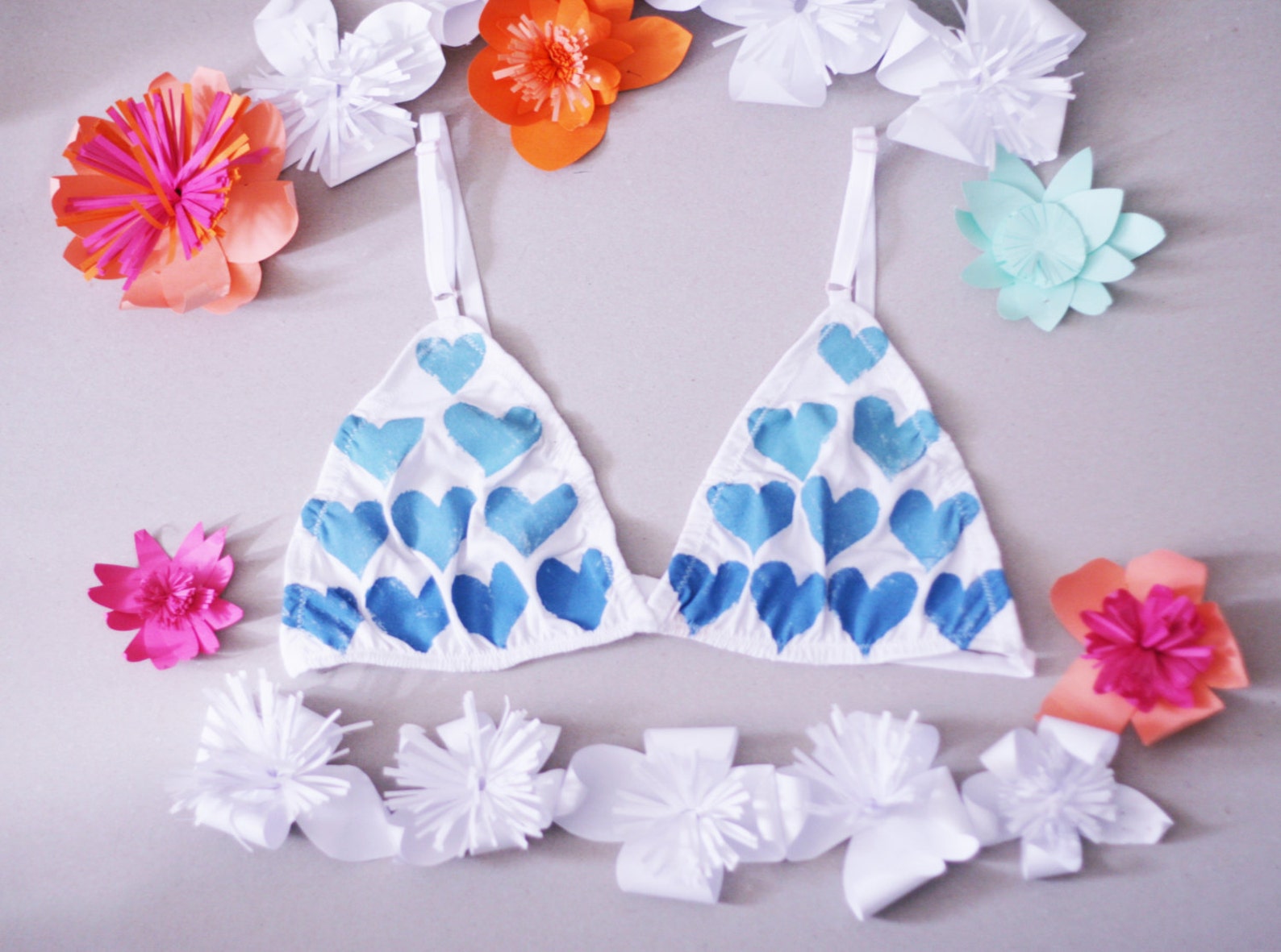 Blue Heart 2 / Organic Cotton Hand Printed Bralette With Ombre Heart ...