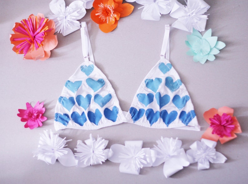 Blue Heart 2 / Organic Cotton Hand Printed Bralette With Ombre Heart ...