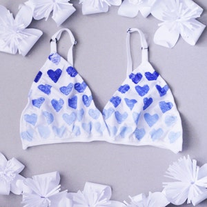 Blue Heart / Organic Cotton Hand Printed Bralette With Ombre Heart ...