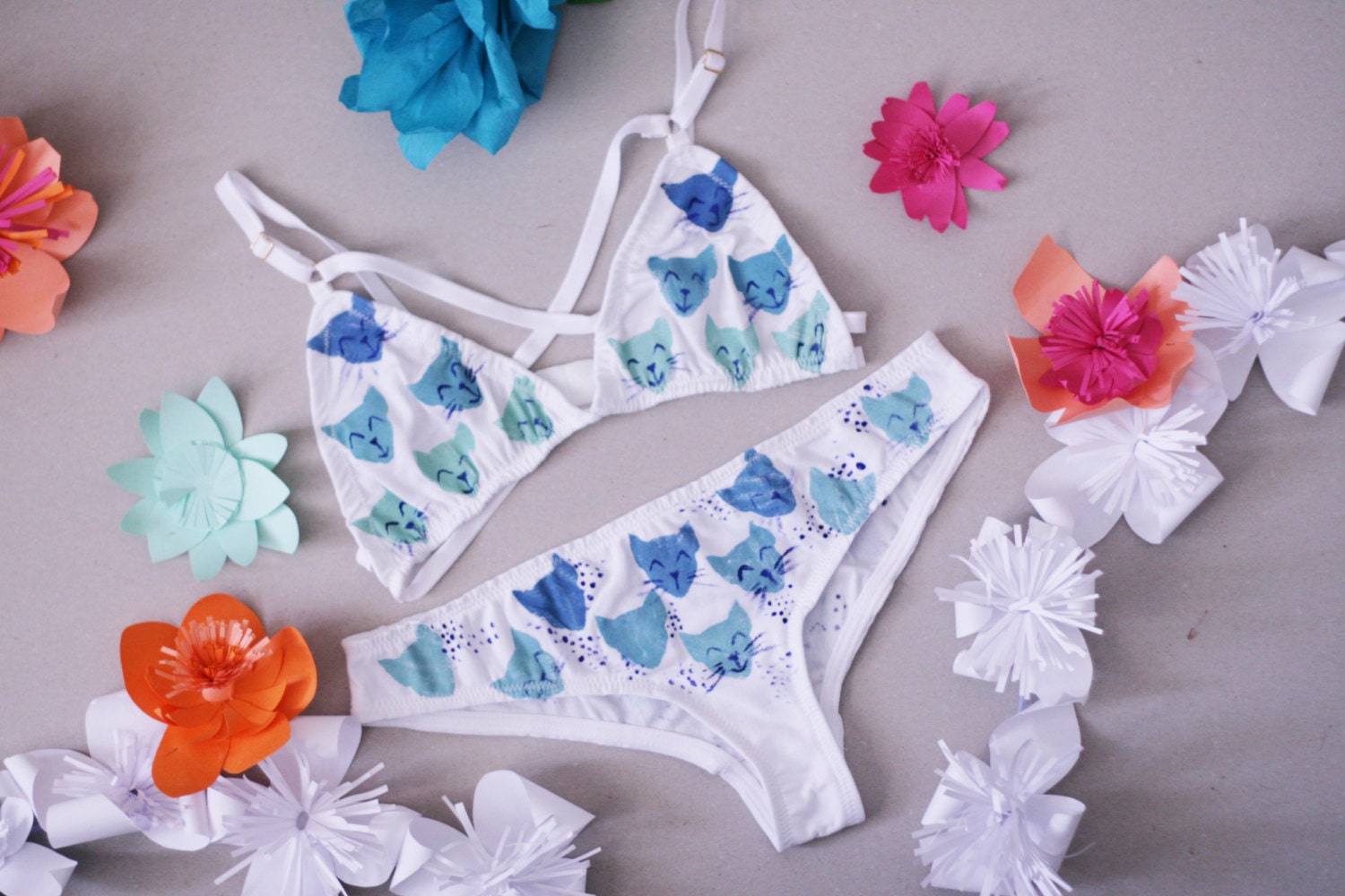 Spring Kitty / Organic Cotton Hand Printed Bralette With Cat Print ...