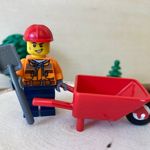 Construction Worker Minifigure With Red Wheelbarrow & Shovel - Genuine ...