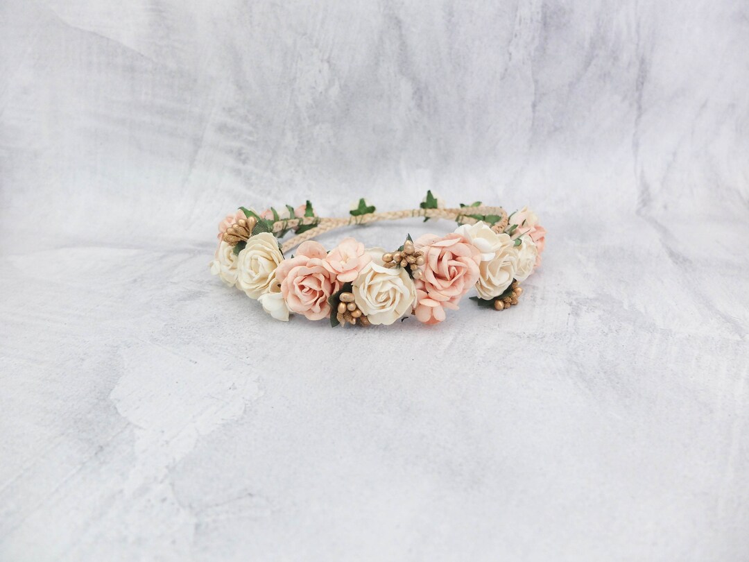 Ivory Peach Gold Wedding Flower Crown Bridal Floral Hair Wreath Flower ...