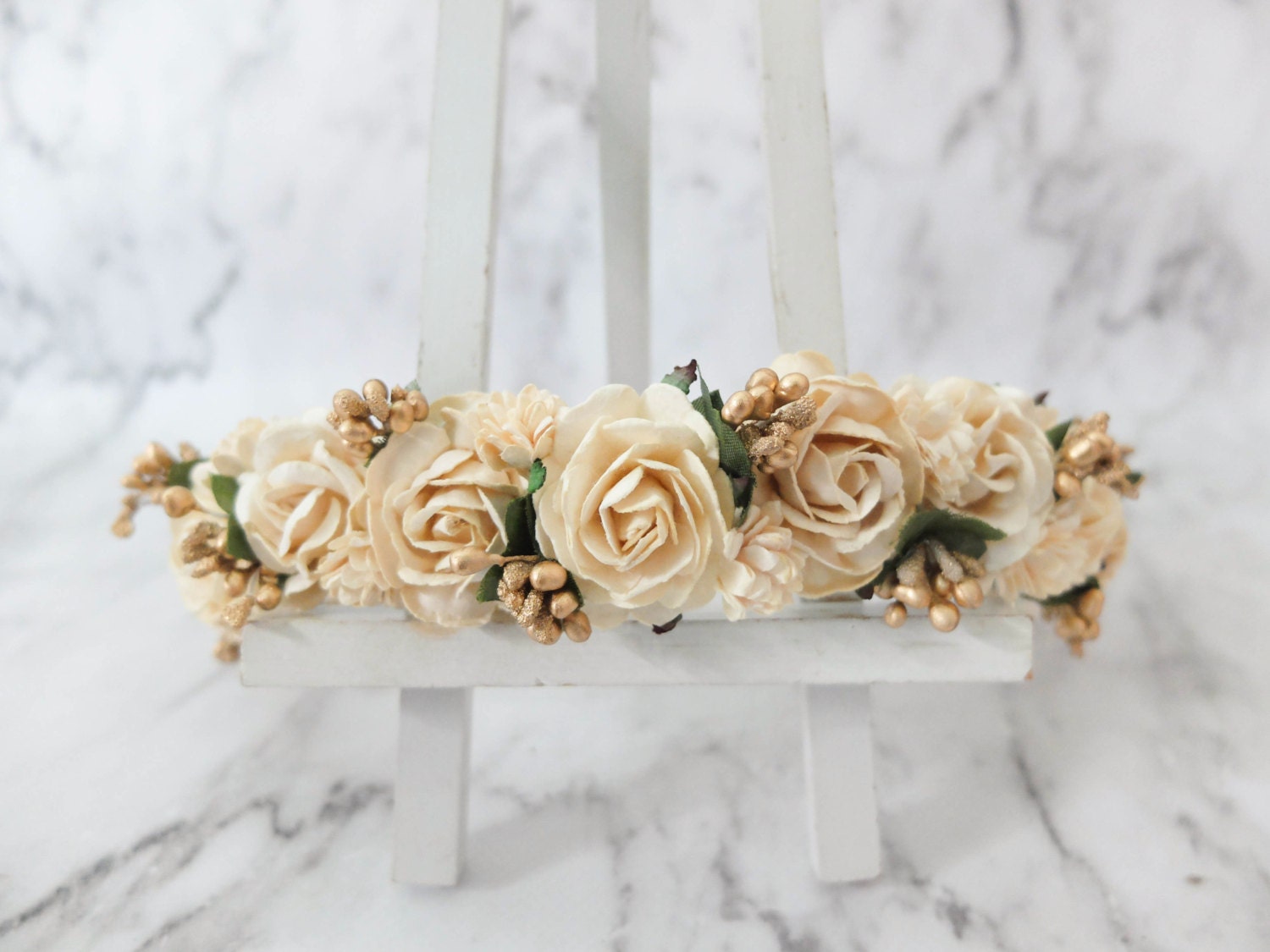 Cream Ivory Gold Flower Crown Wedding Floral Hair Wreath - Etsy