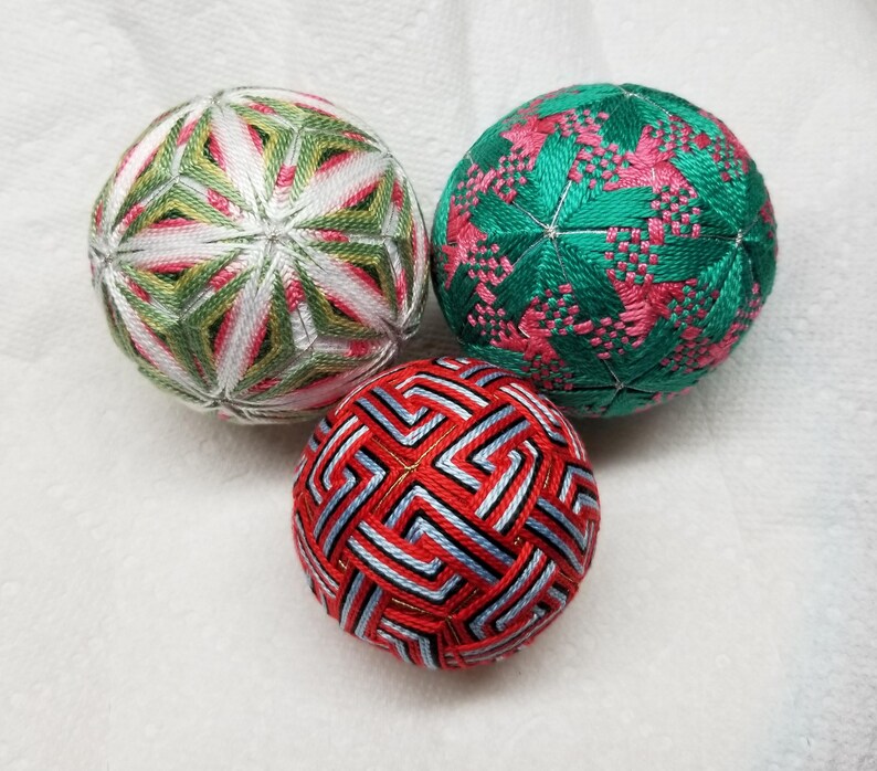 3 Inch Diameter Japanese Temari Ball (embroidered Ornamental Ball), Pastel Green & Pink Pattern ...