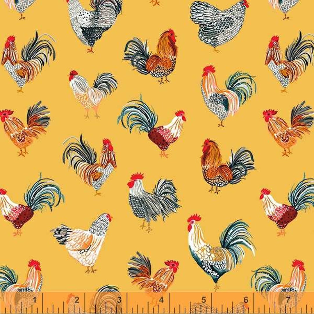 Chickens and Roosters Strut Across a Solid Yellow Background. Windhan ...