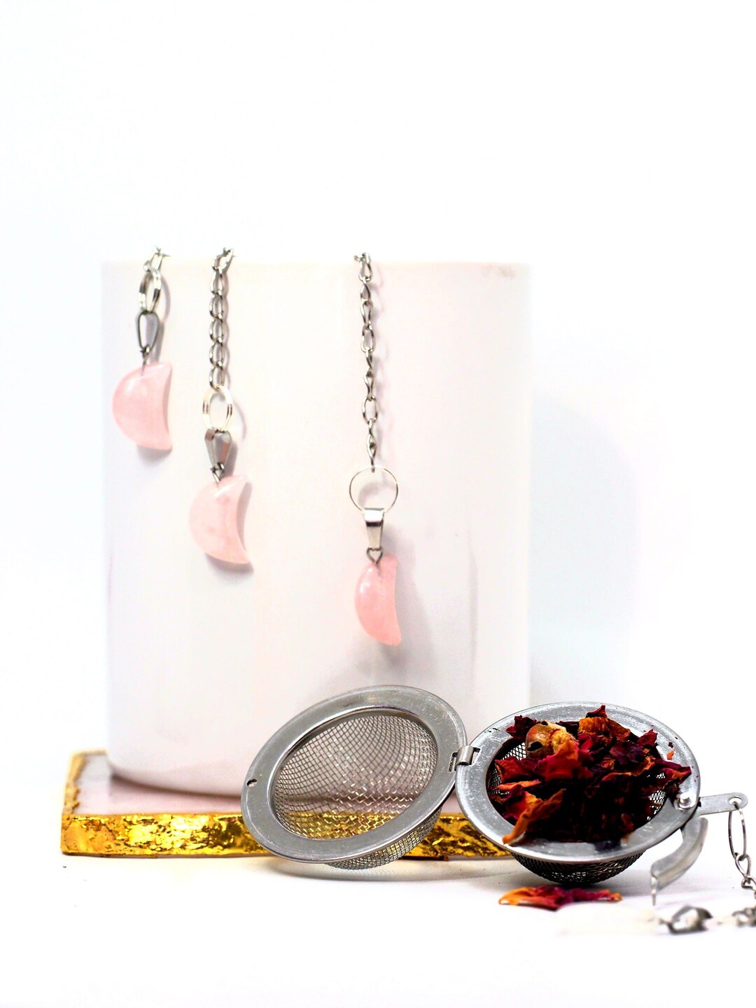 ROSE QUARTZ Crescent Moon Crystal Tea Infuser, Crystal Tea Strainer ...