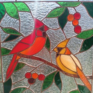 Stained Glass Panel With Two Cardinals on Tree - Handmade Suncatcher He ...