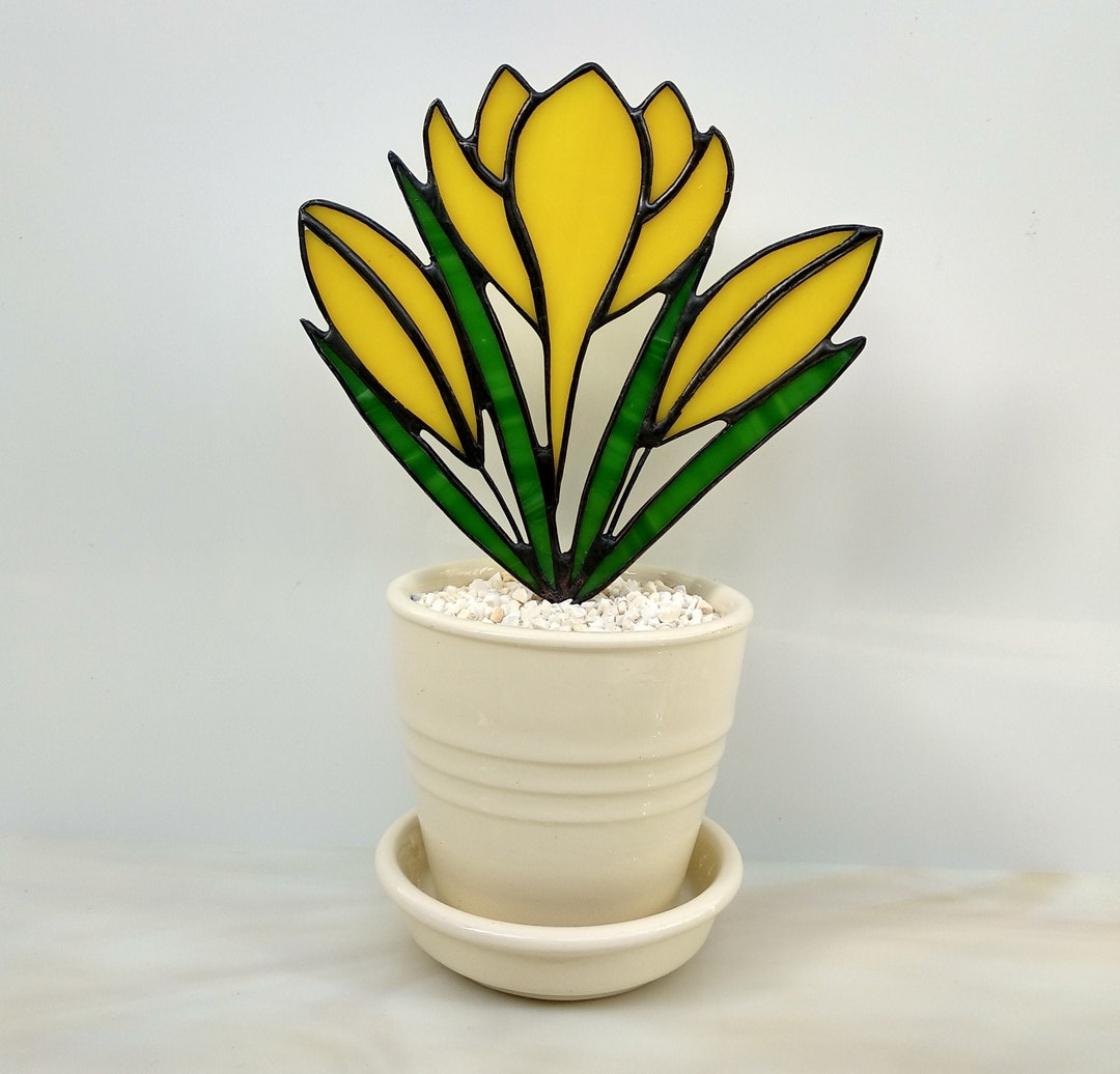 Saffron Crocus Stained Glass Flowers in Pot Bouquet Sun Catcher Mothers ...