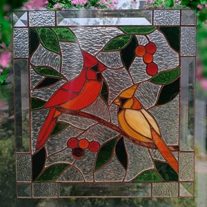 Stained Glass Panel With Two Cardinals on Tree - Handmade Suncatcher He ...