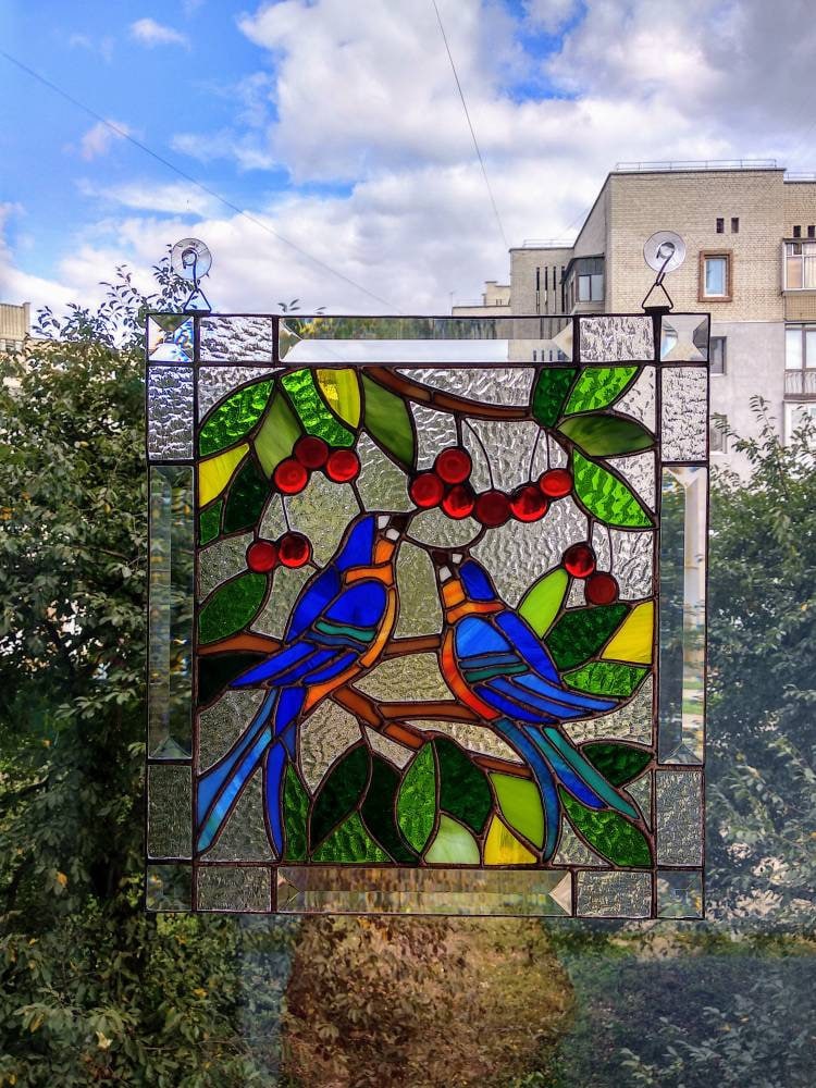 Stained Glass Panel Blue Birds Suncatcher Window Hanging Beveled Glass ...