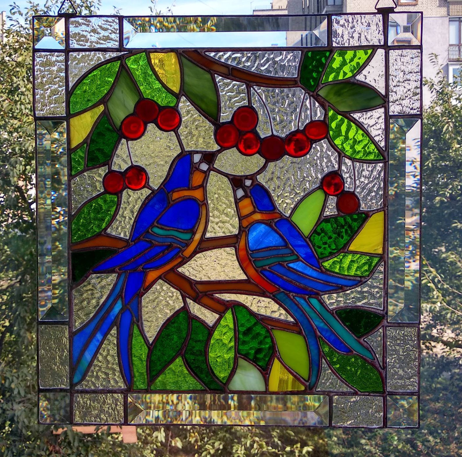 Stained Glass Panel Blue Birds Suncatcher Window Hanging Beveled Glass ...