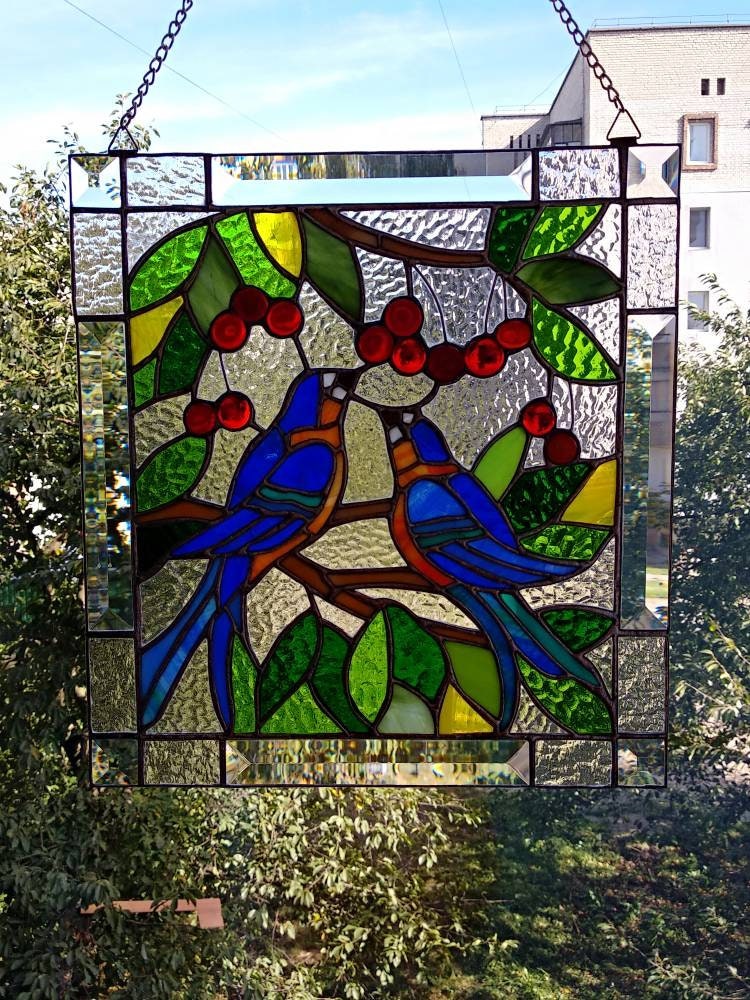 Stained Glass Panel Blue Birds Suncatcher Window Hanging Beveled Glass ...