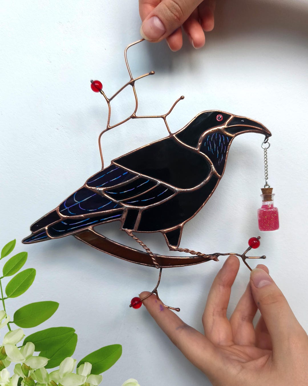 Stained Glass Raven With Pink Bottle, Love Potion - Valentine Gift for ...