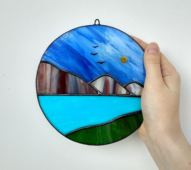 Landscape Suncatcher Mountain Stained Glass Landscape Scene - Etsy
