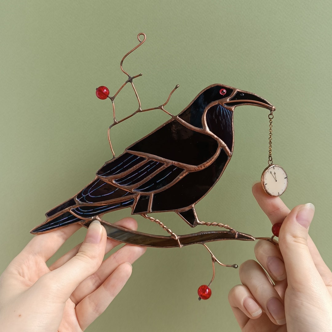 Black Raven Gothic Suncatcher - Halloween Stained Glass Window Hanging ...