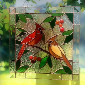 Stained Glass Panel With Two Cardinals on Tree - Handmade Suncatcher He ...