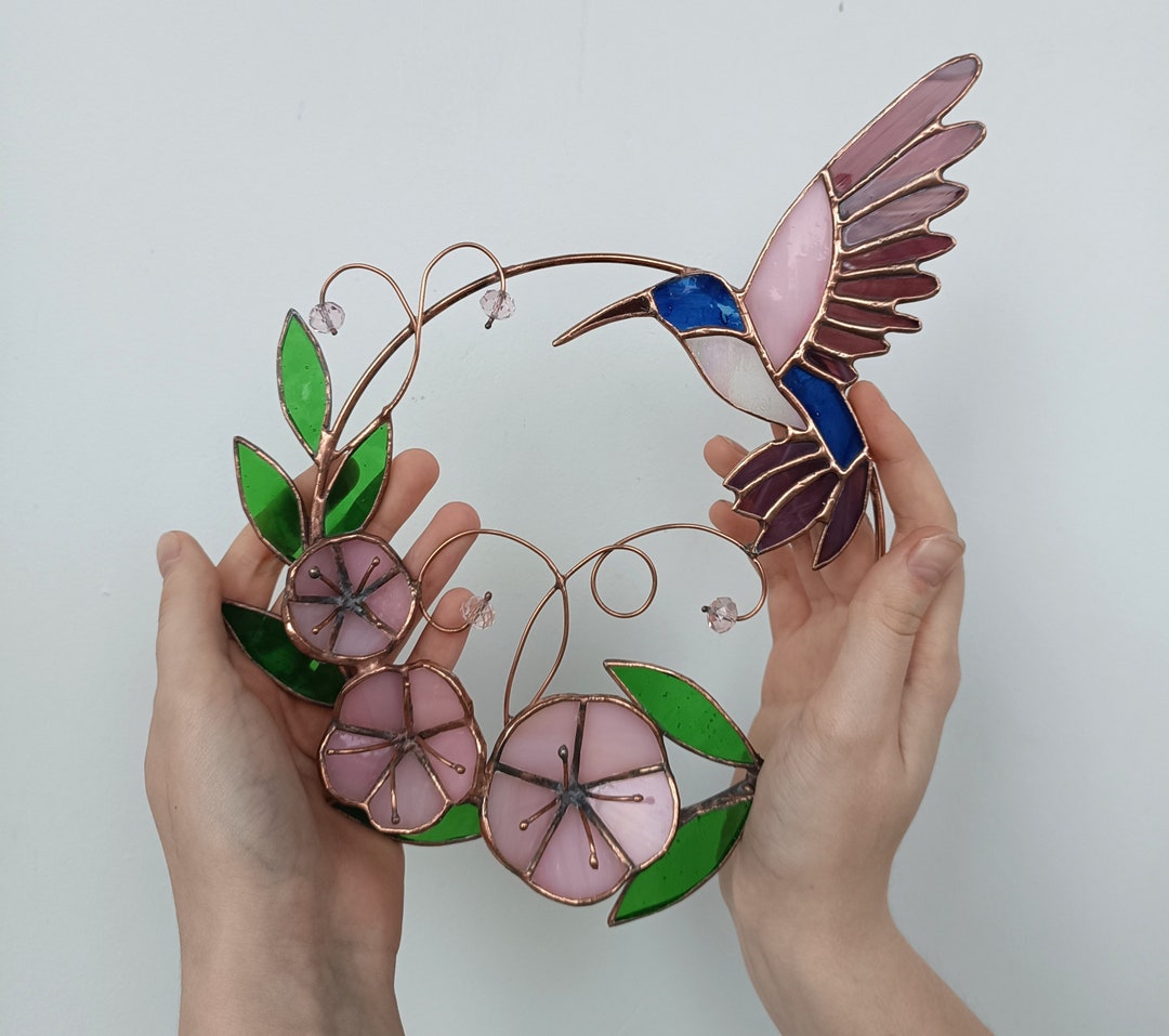 Stained Glass Hummingbird Window Hanging Birds on a Branch Bird Wreath ...