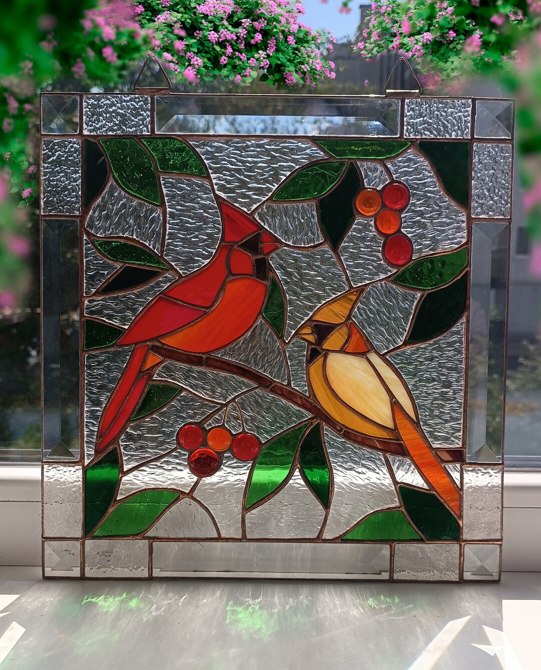 Stained Glass Panel With Two Cardinals on Tree - Handmade Suncatcher He ...