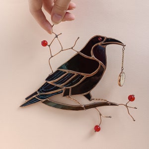 Black Raven Gothic Suncatcher - Halloween Stained Glass Window Hanging ...