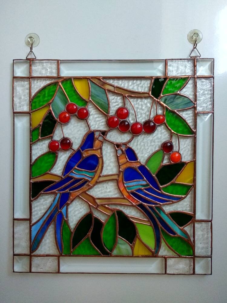 Stained Glass Panel Blue Birds Suncatcher Window Hanging - Etsy
