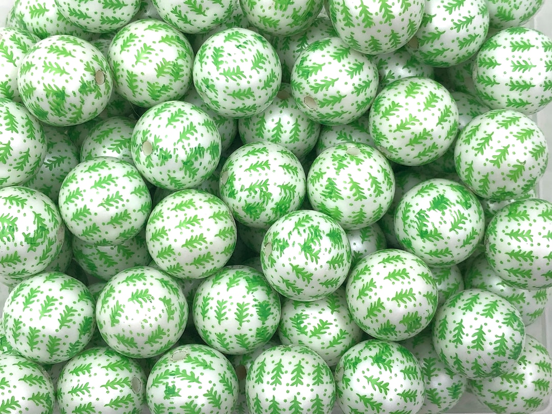 20mm Pine Tree Printed Chunky Beads, Evergreen Tree Printed Beads ...