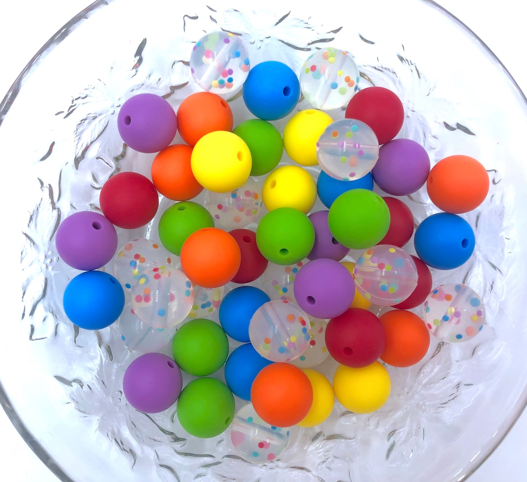 50 or 100 BULK Round Silicone Beads, Confetti Rainbow Silicone Bead Mix ...