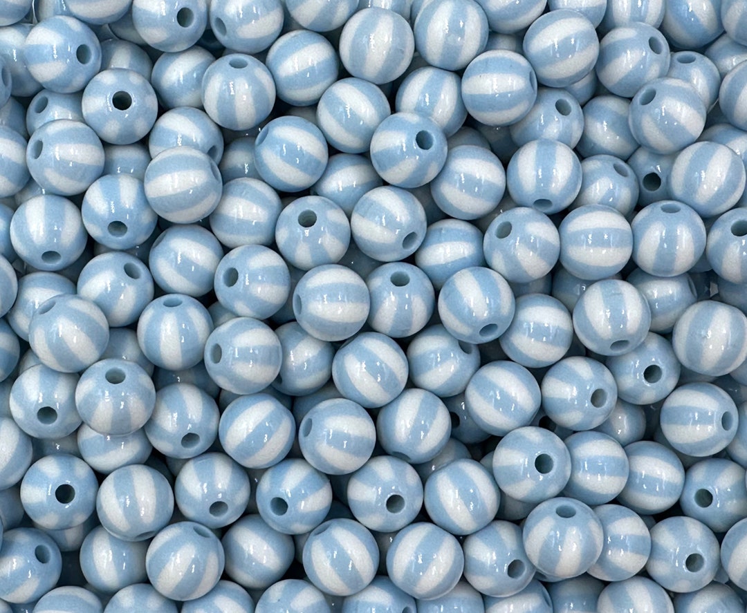12mm Baby Blue & White Beach Ball Beads, Blue Chunky Beads, Blue Stripe ...