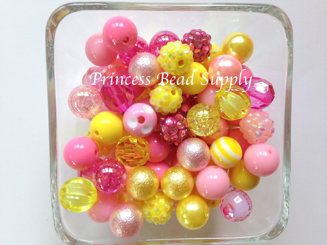 Pink Lemonade 12mm Bead Mix, Pink & Yellow 100 12mm Chunky Bulk Beads ...