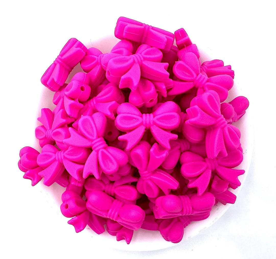 Hot Pink Bow Silicone Focal Beads, Bow Beads, Shaped Silicone Beads ...