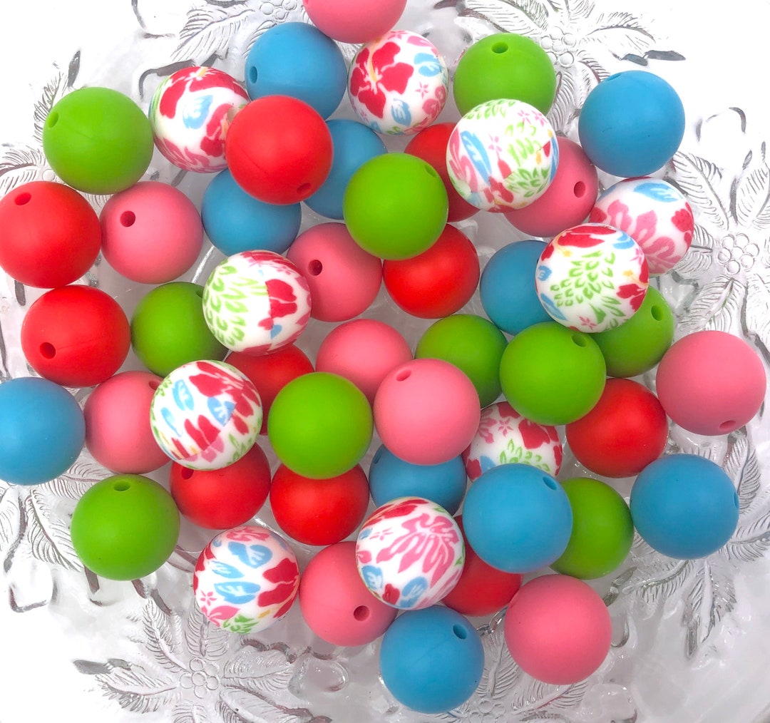 Hawaiian Flowers Silicone Bead Mix: Coral Red, Green, Island Blue ...