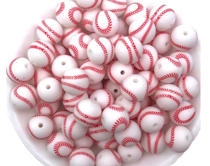 15mm Baseball Print Silicone Beads, Sports Print Silicone Beads ...