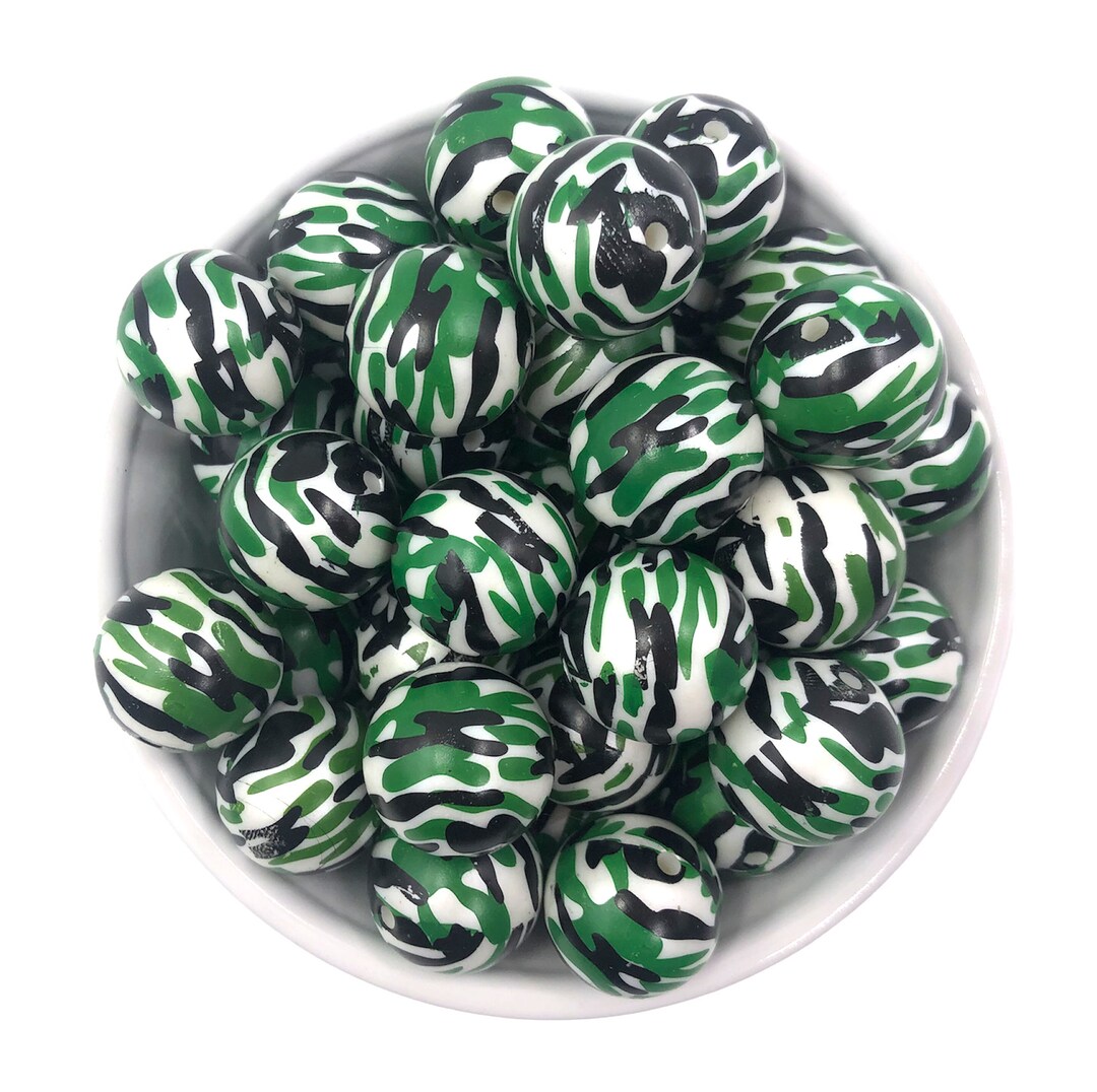 20mm Green and Black Camo Chunky Beads Set of 10, Camo Hunting Camo ...